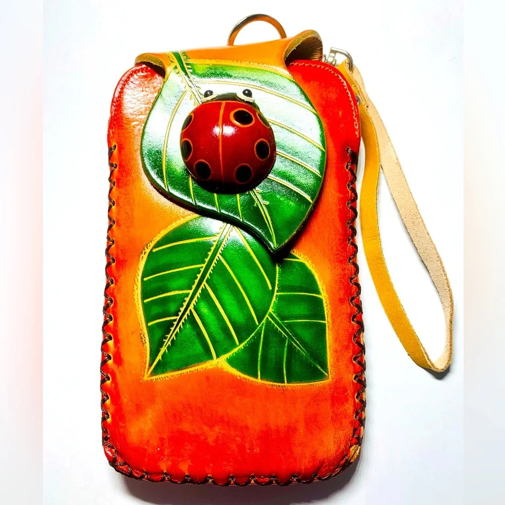 Handmade | Bags | Handmade Orange Leather Beetle Leaf Mini Purse Cute ...